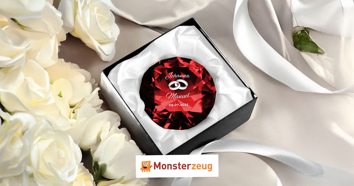 Roter Diamant Kristall mit Gravur – Ringe zur Hochzeit
