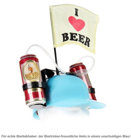 Biertrinkhelm Blau mit Flaschenhalterungen und Ansteckfahne