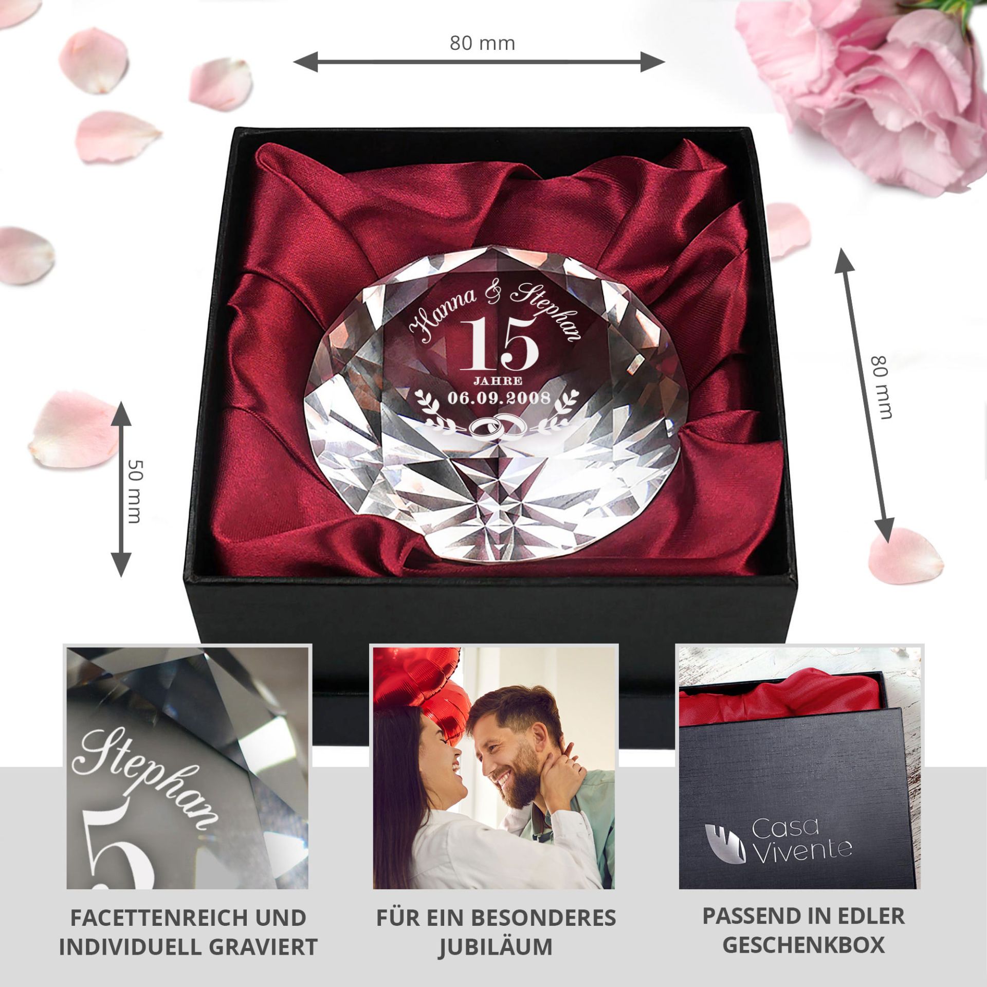 Diamant Kristall mit Gravur zur Kristallhochzeit - 15. Hochzeitstag