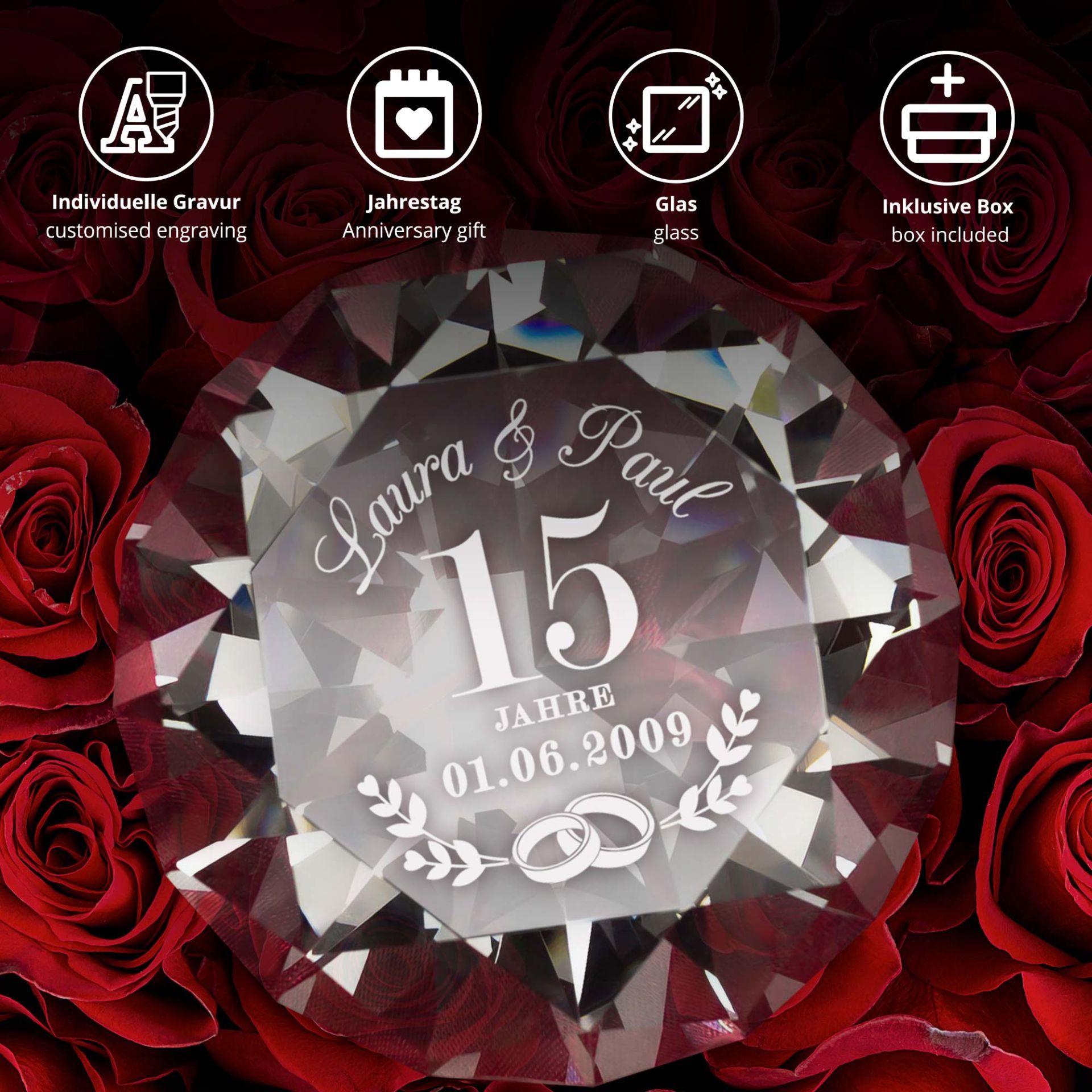 Diamant Kristall mit Gravur zur Kristallhochzeit - 15. Hochzeitstag